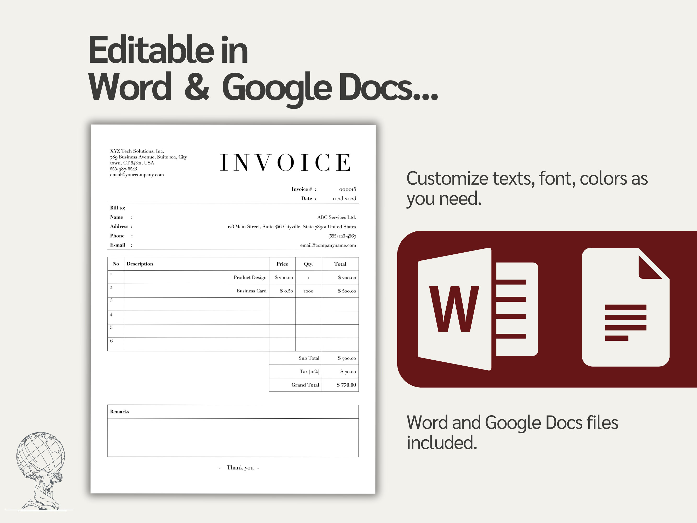 Plantilla de factura, PDF, Word, Excel, Docs, Plantilla de factura para ...