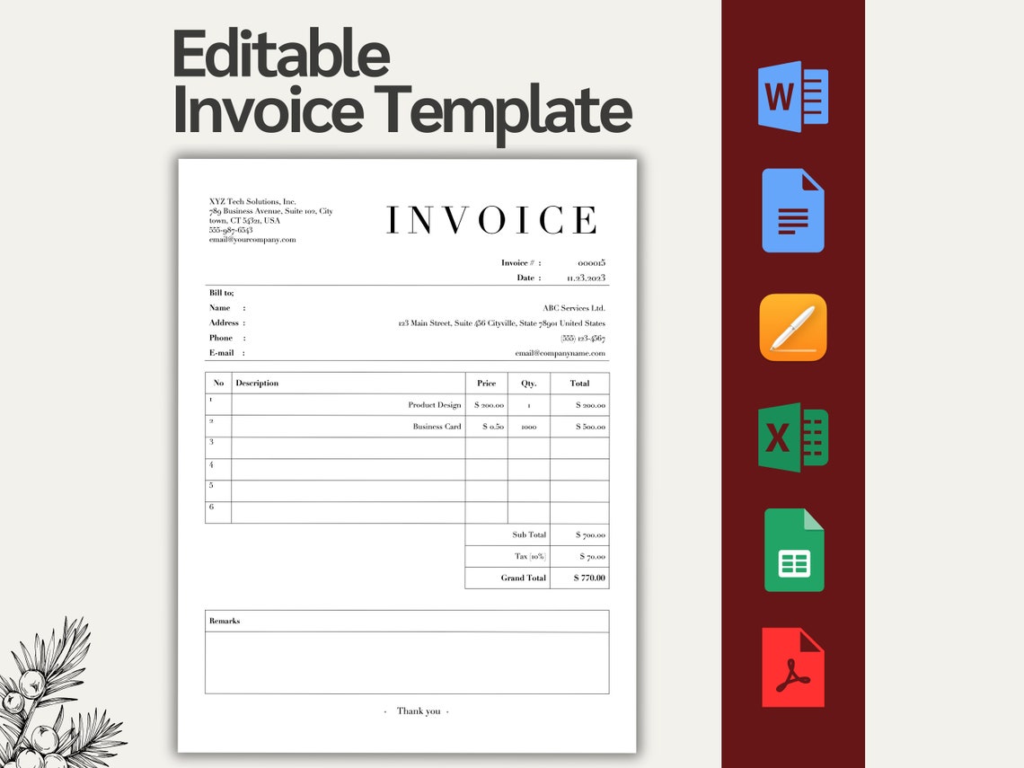 Plantilla de factura, PDF, Word, Excel, Docs, Plantilla de factura para ...