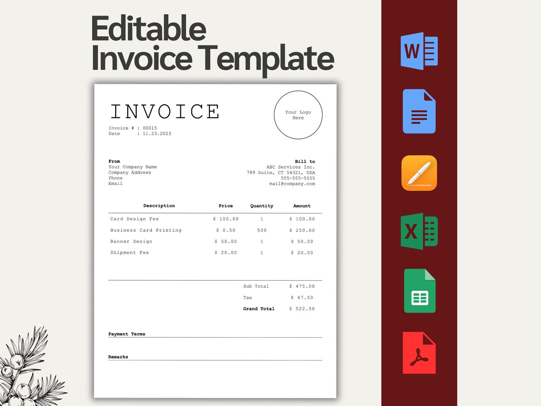 Invoice Template, Word, PDF, Excel, Docs, Invoice Template for Small ...