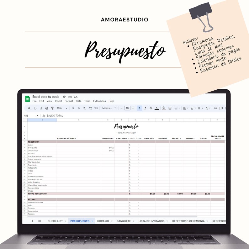 Organizador excel para boda, check list detallado, hoja de cálculo de ...