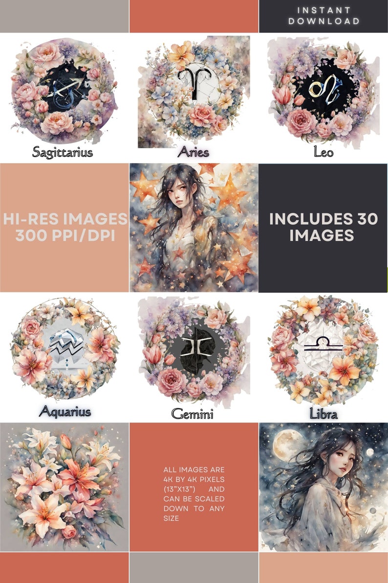Watercolor Floral Zodiac Sign Clipart: PNG Graphics (digital Download ...
