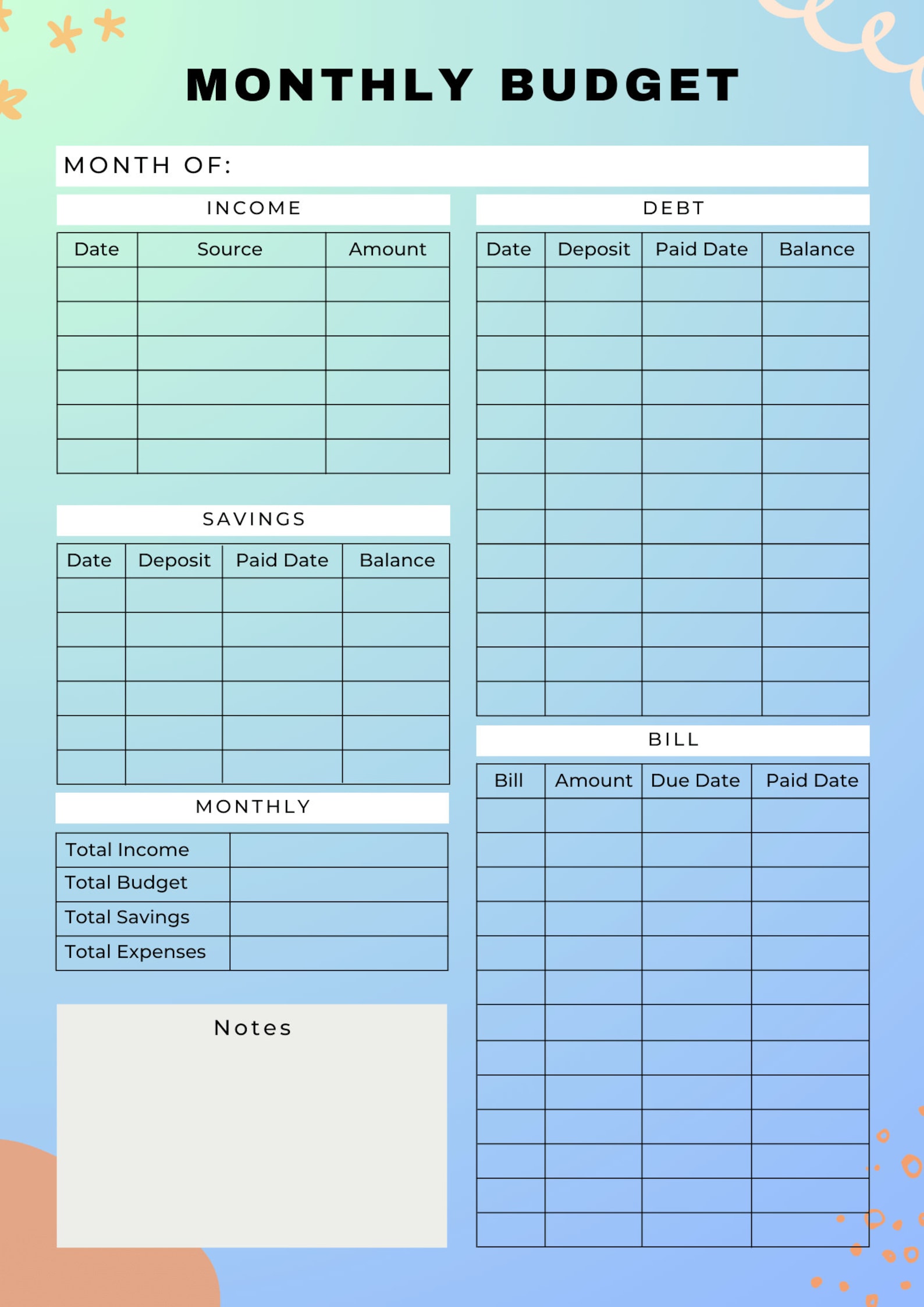 Printable Monthly Budget Planner. Planner. Blue Editable Planner ...