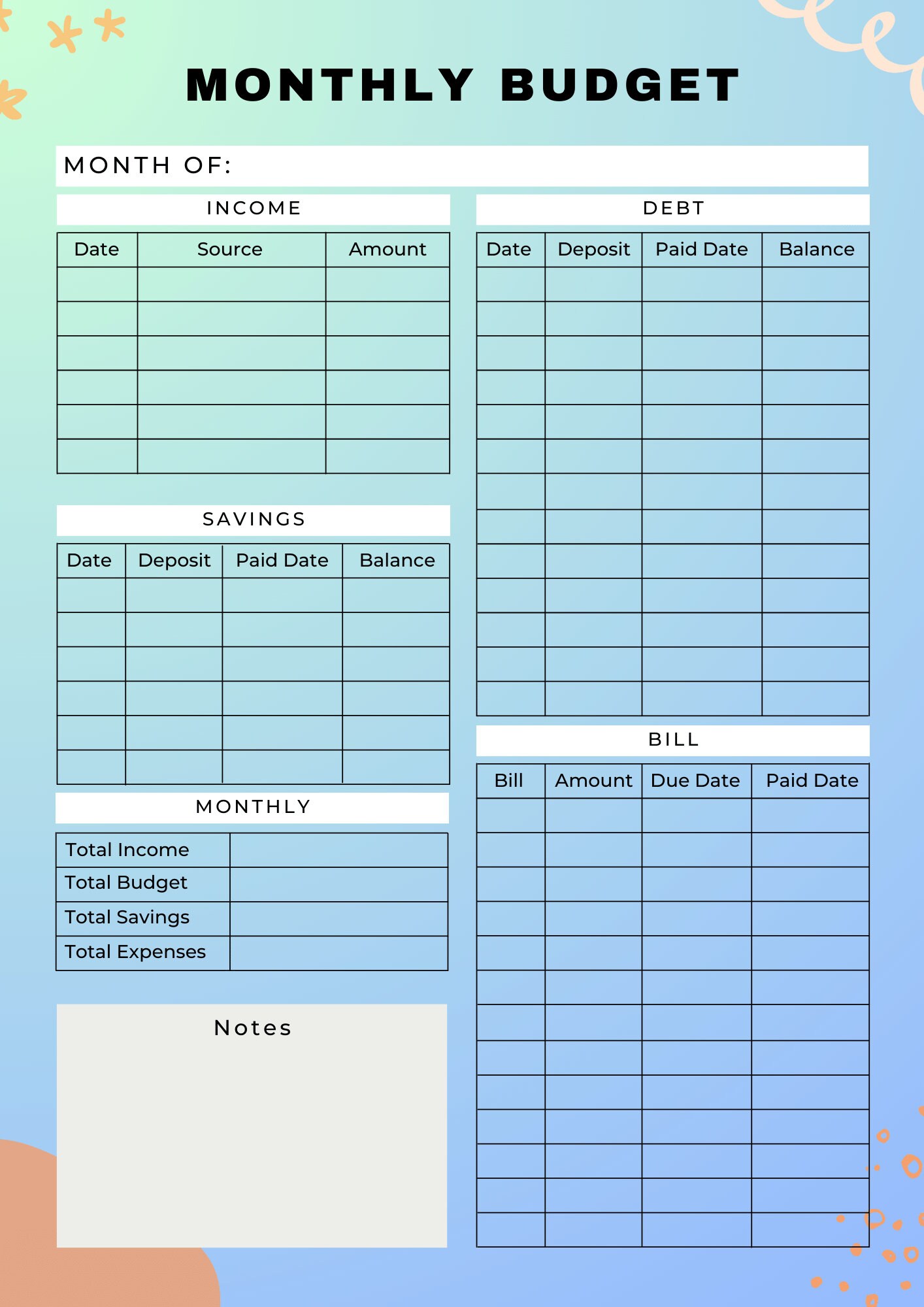 Printable Monthly Budget Planner. Planner. Blue Editable Planner ...