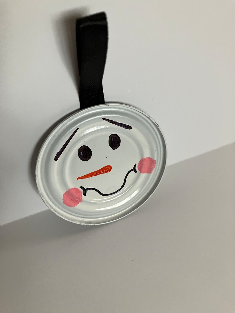 Snowman Face Christmas Ornament, Recycled Tin Can Lid, Hand Painted ...