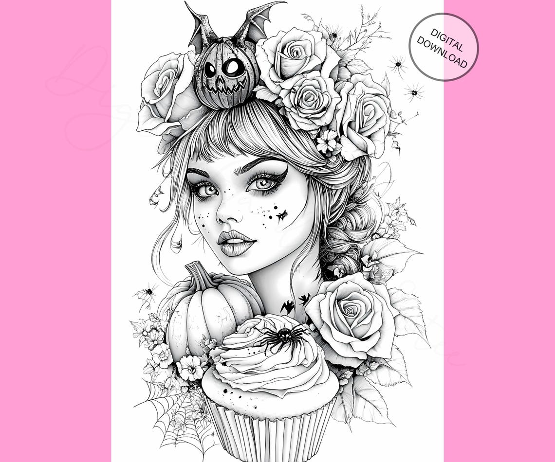 Gothic Halloween Girls Coloring Pages, Grayscale Fantasy Art PDF ...