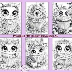 Spooky Halloween Cupcake Coloring Pages Grayscale Printables Cute ...