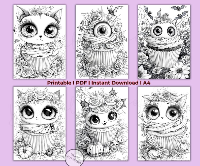 Spooky Halloween Cupcake Coloring Pages Grayscale Printables Cute ...
