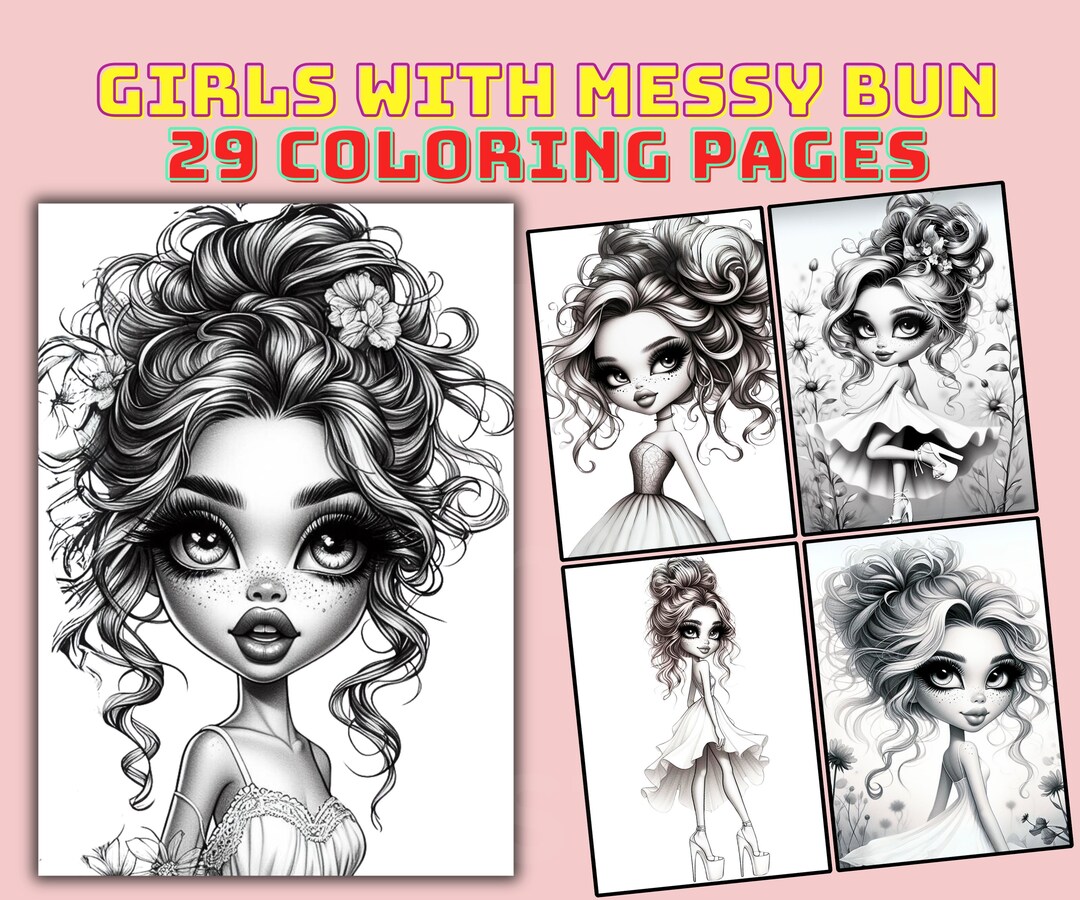 Grayscale Coloring PDF Girls With Messy Bun Charming Female Colouring ...