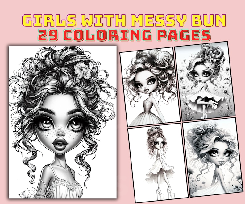 Grayscale Coloring PDF, Girls With Messy Bun, Fantasy Coloring ...