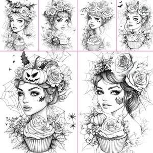 Gothic Halloween Girls Coloring Pages Cute Grayscale Fantasy Girl With ...