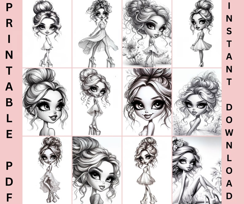 Grayscale Coloring PDF, Girls With Messy Bun, Fantasy Coloring ...