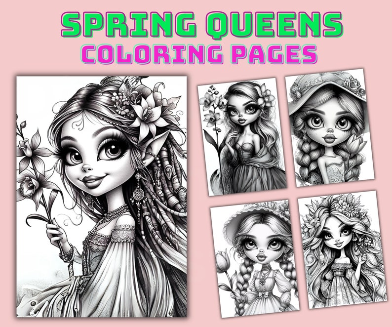 Grayscale Spring Queens Coloring Pages: Fantasy Art, Printable PDF - Etsy
