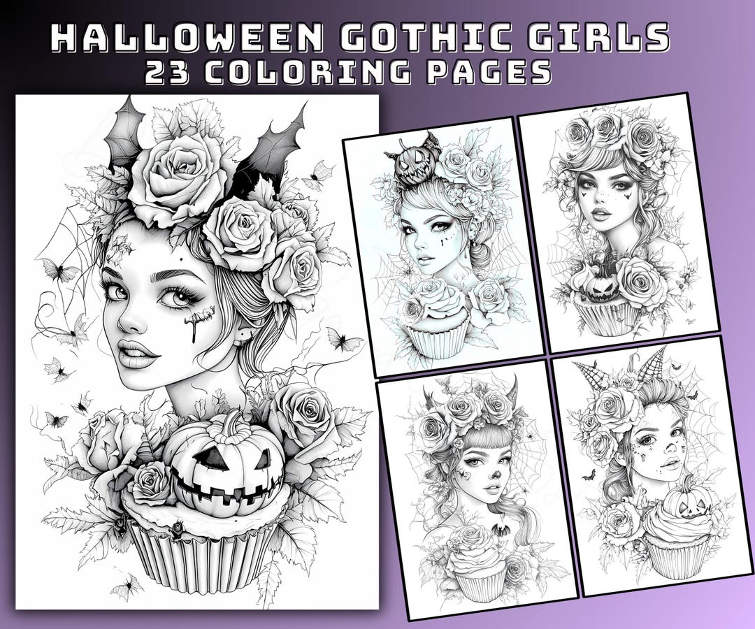 Spooky Gothic Girls Halloween Coloring Pages Grayscale PDF A4 24 ...