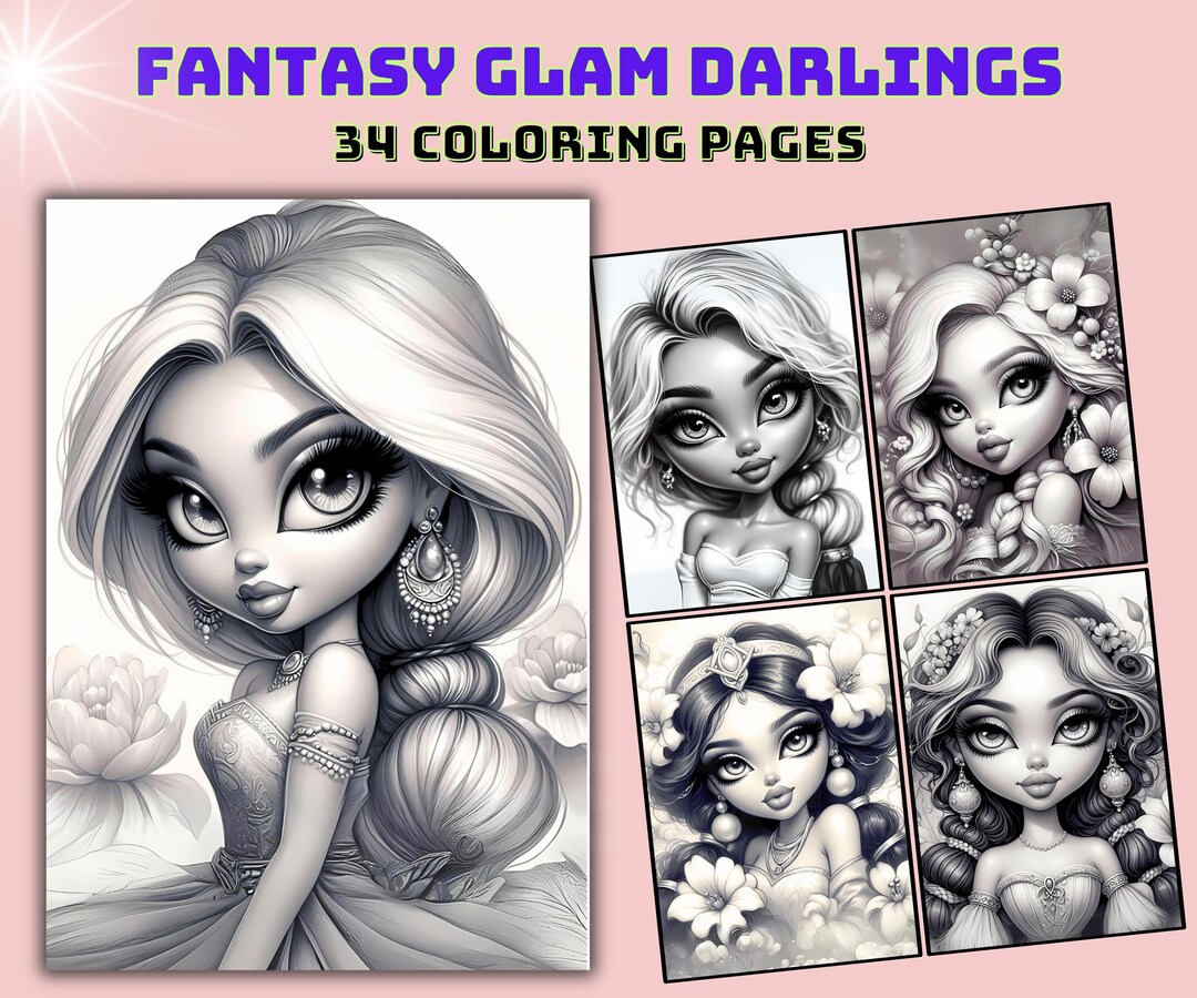 Grayscale Coloring Pages Fantasy Glam Cute Girls Digital Download PDF ...