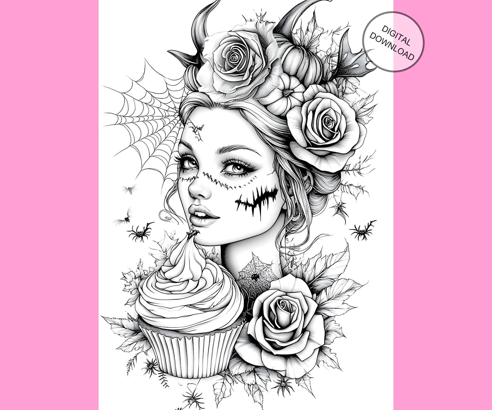 Gothic Halloween Girls Coloring Pages, Grayscale Fantasy Art PDF ...