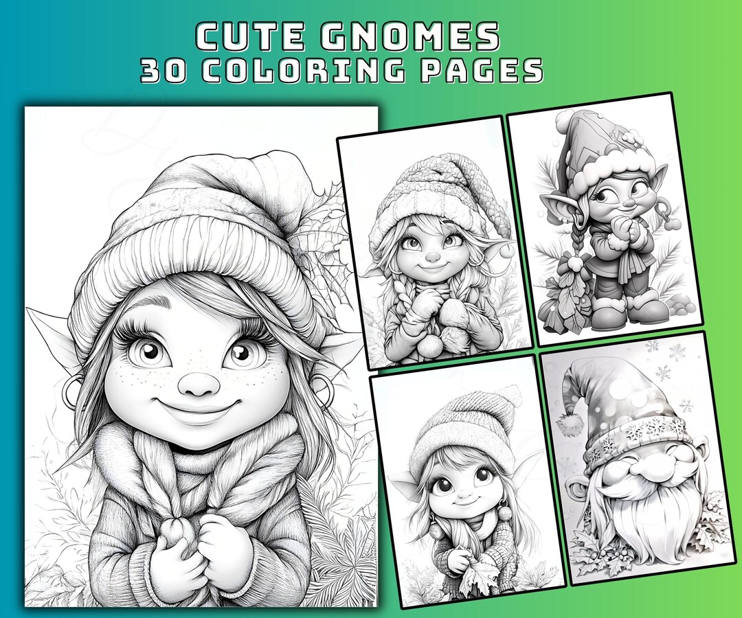 Cute Gnomes Fantasy Creatures Coloring Pages Grayscale PDF A4 30 ...