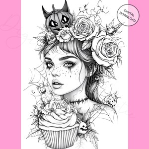 Gothic Halloween Girls Coloring Pages Cute Grayscale Fantasy Girl With ...