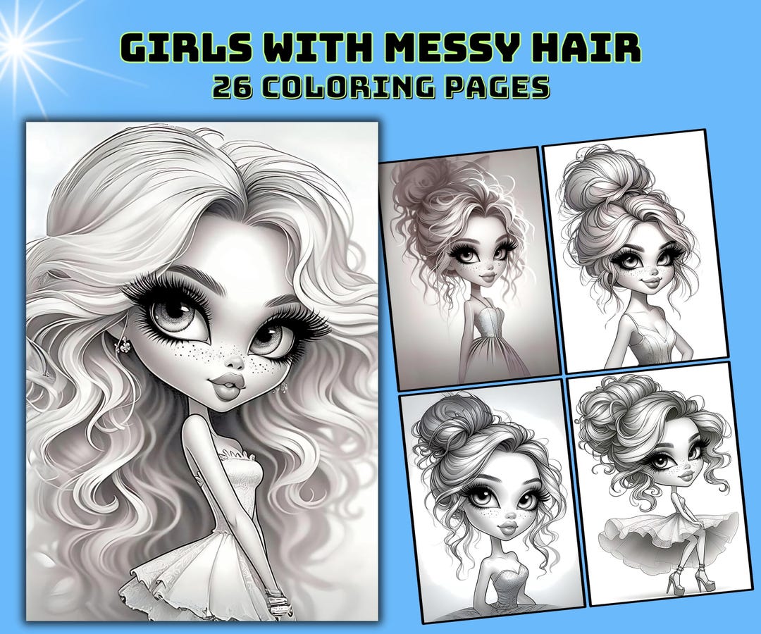 Messy Hair Girls Coloring Pages: 26 Grayscale Illustrations (digital ...