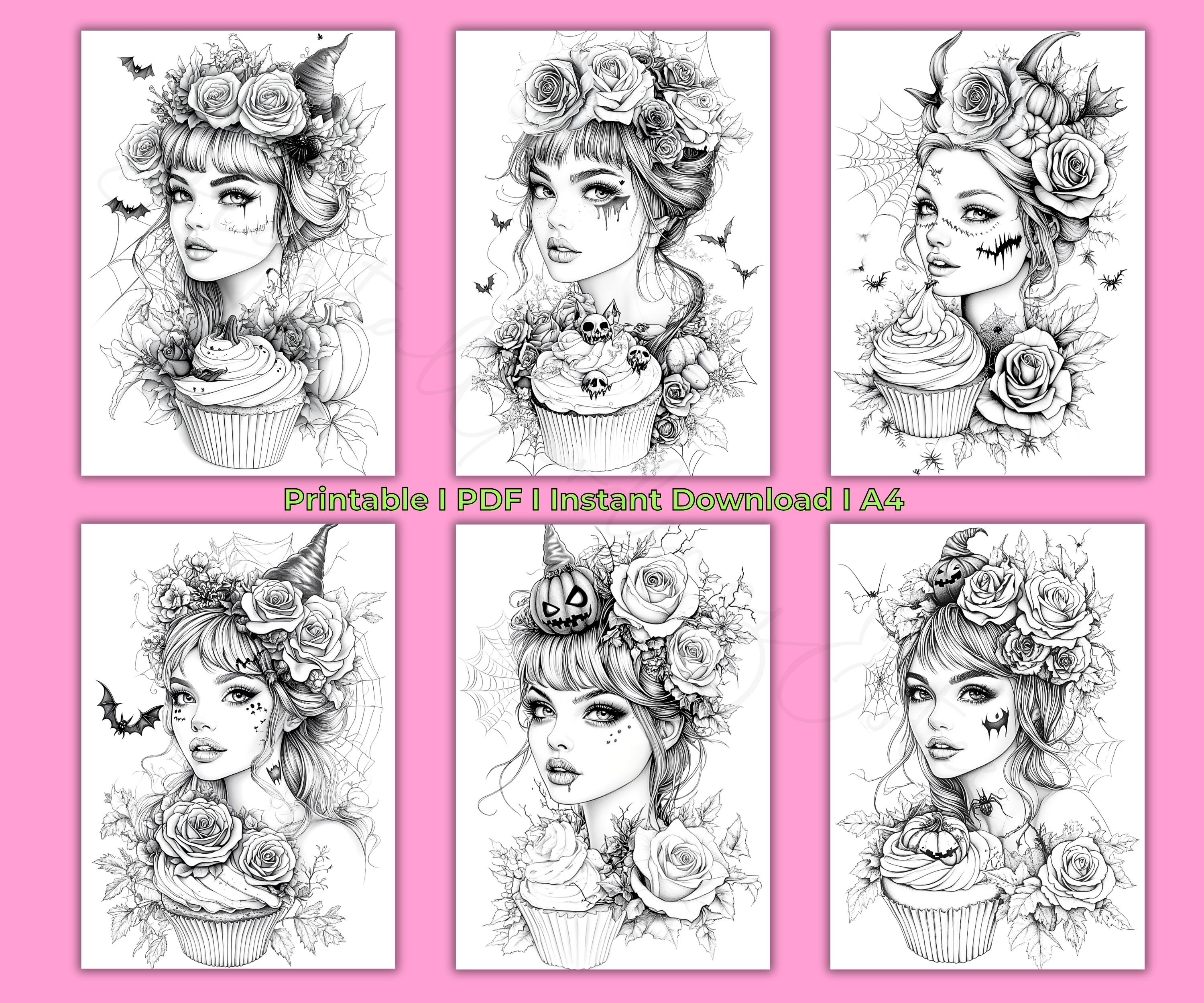 Gothic Halloween Girls Coloring Pages, Grayscale Fantasy Art PDF ...