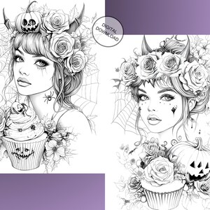 Spooky Gothic Girls Halloween Coloring Pages Grayscale PDF A4 24 ...