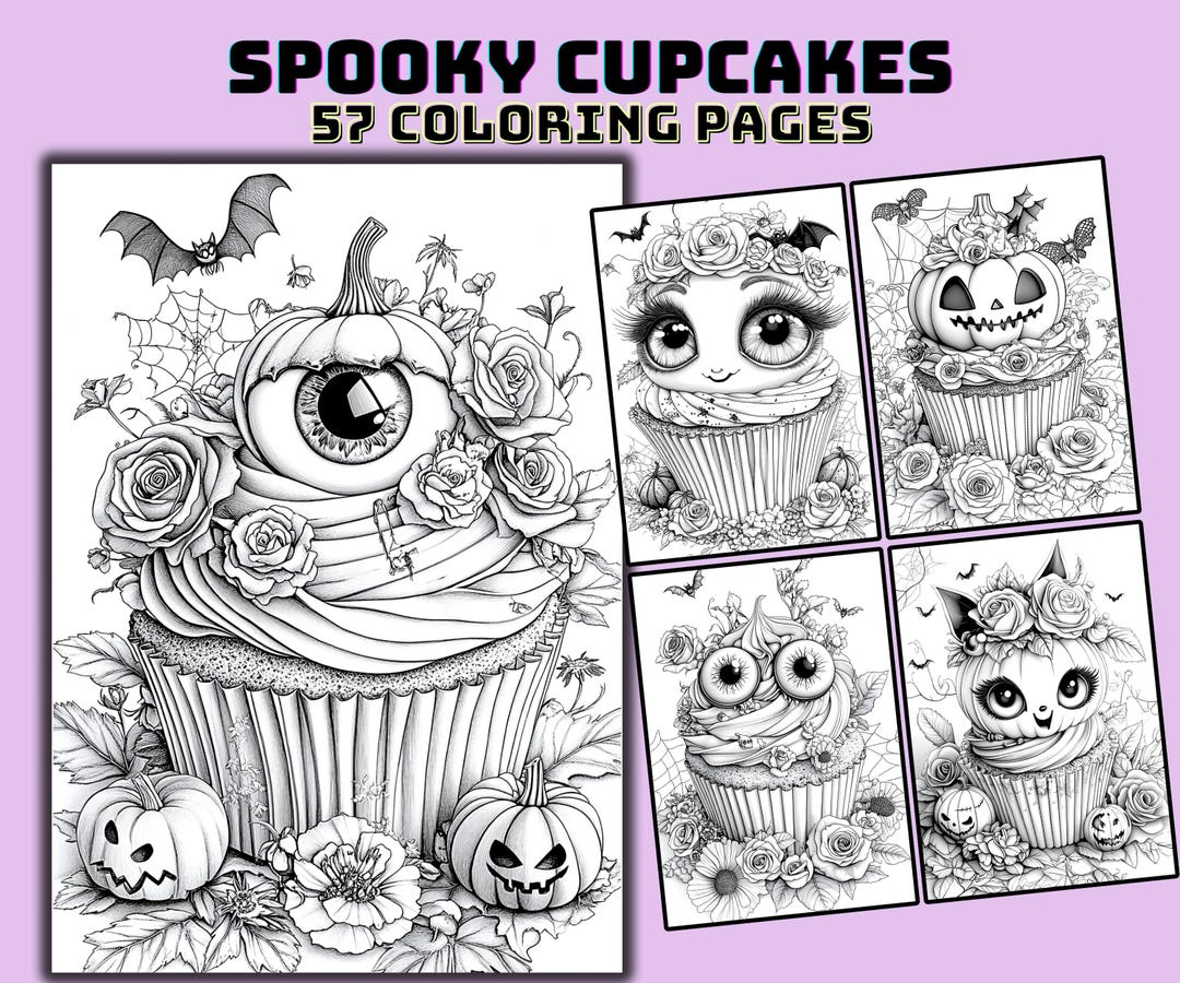 Spooky Halloween Cupcake Coloring Pages Grayscale Printables Cute ...