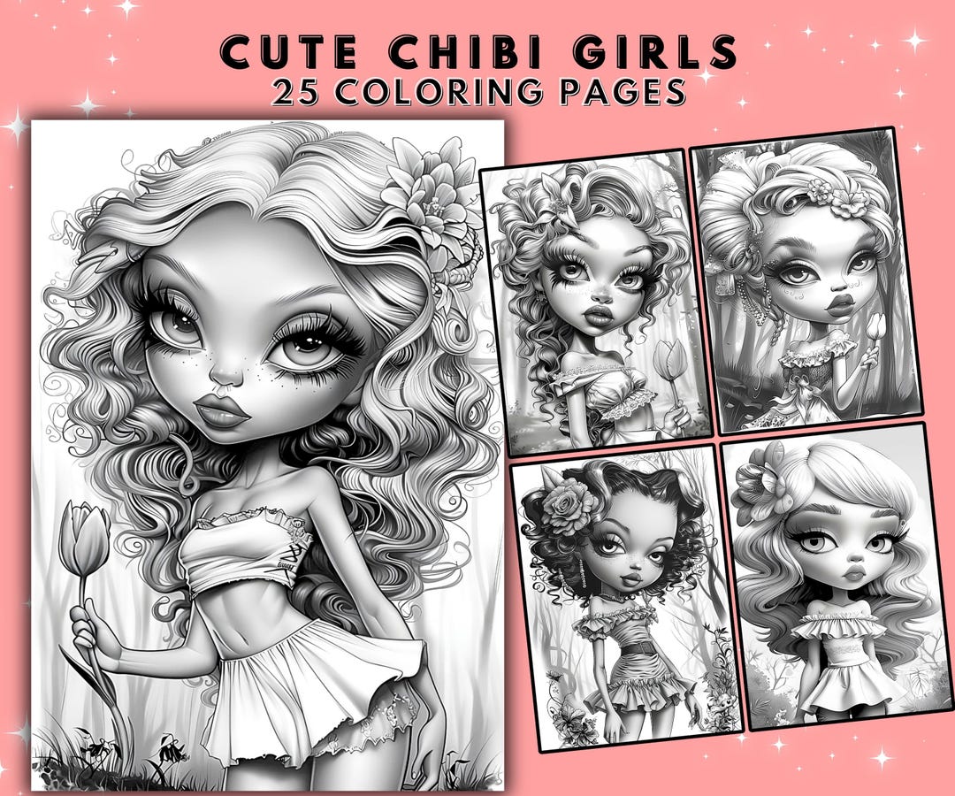 Kawaii Chibi Girls Printable Coloring Pages: Grayscale Anime Art Pdf ...