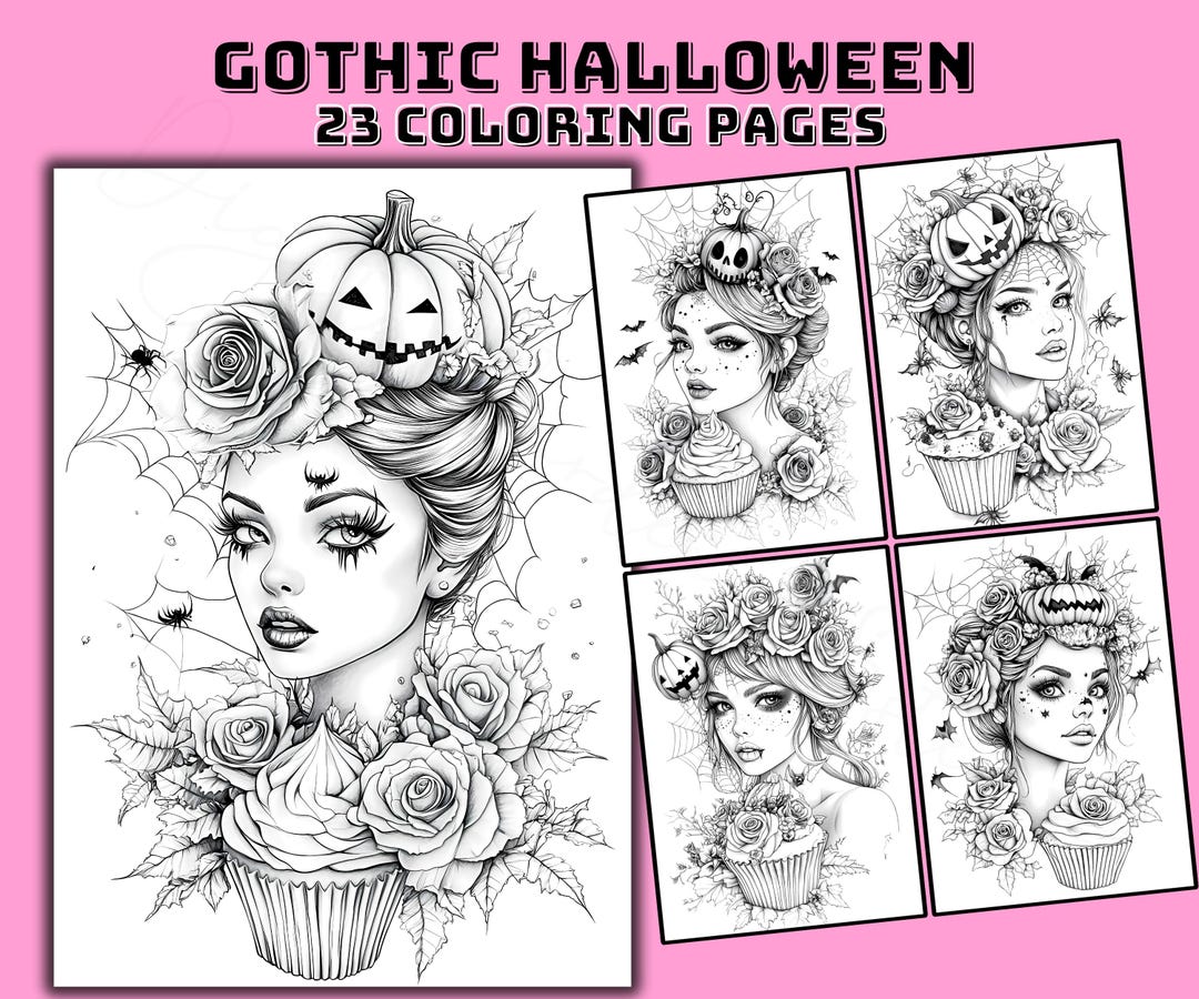Gothic Halloween Girls Coloring Pages, Grayscale Fantasy Art PDF ...