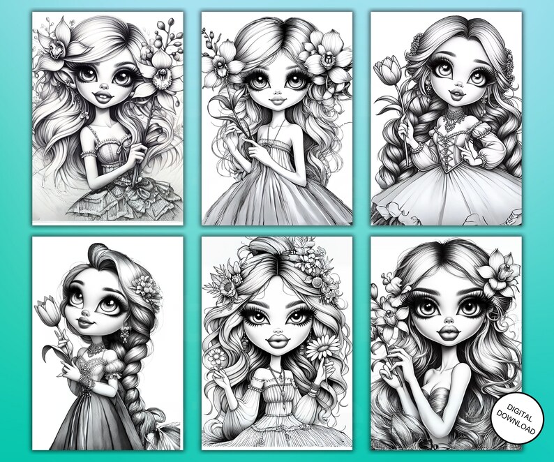 Grayscale Coloring Pdf Printable Pages of Charming Spring Queens With ...