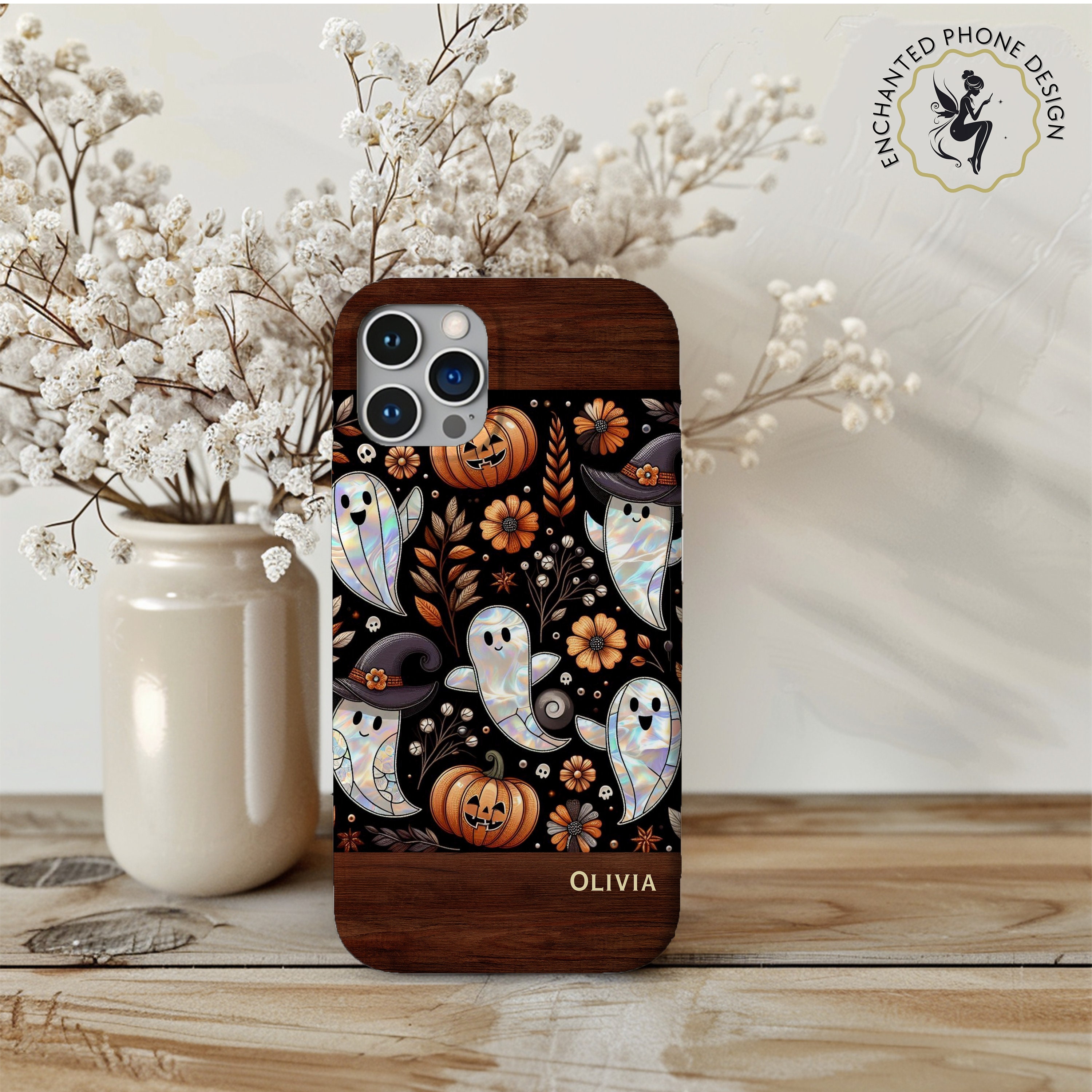 Custom Cute Spooky Halloween Phone Case, Personalized Mother of Pearl ...