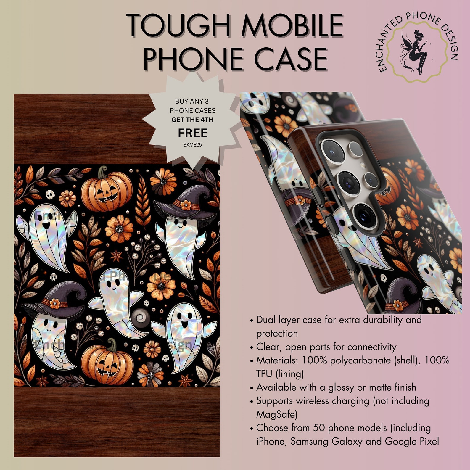 Custom Cute Spooky Halloween Phone Case, Personalized Mother of Pearl ...