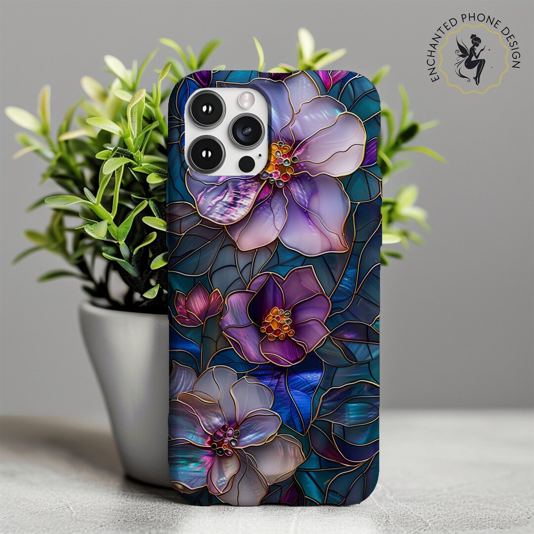 Mother of Pearl Stained Glass Floral Blue Flower Purple Jewel Phone ...