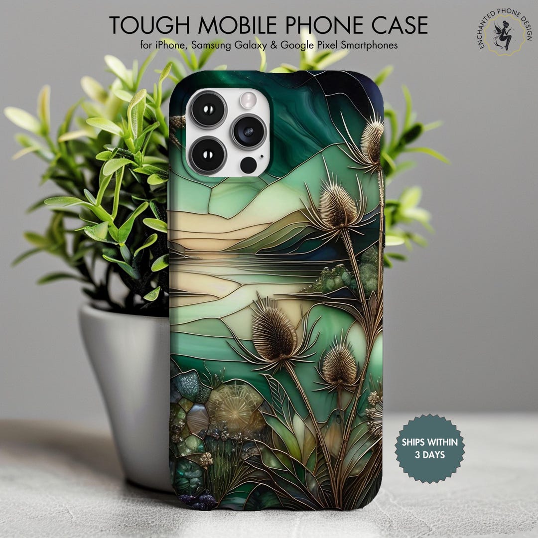 Stained Glass Scottish Thistle Landscape Phone Case Green Gold Artistic ...
