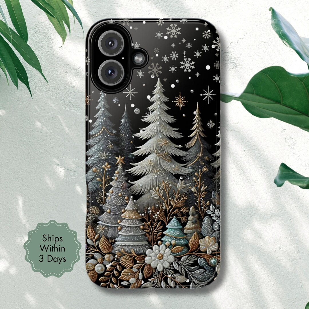 Enchanted Christmas Tree Forest Phone Case, Snowy Winter Snowflakes ...