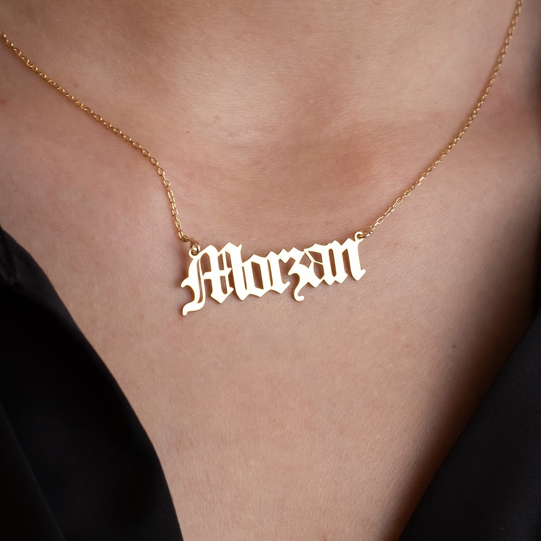 Personalized Old English Font Name Necklace, 14K Gold Name Necklace ...