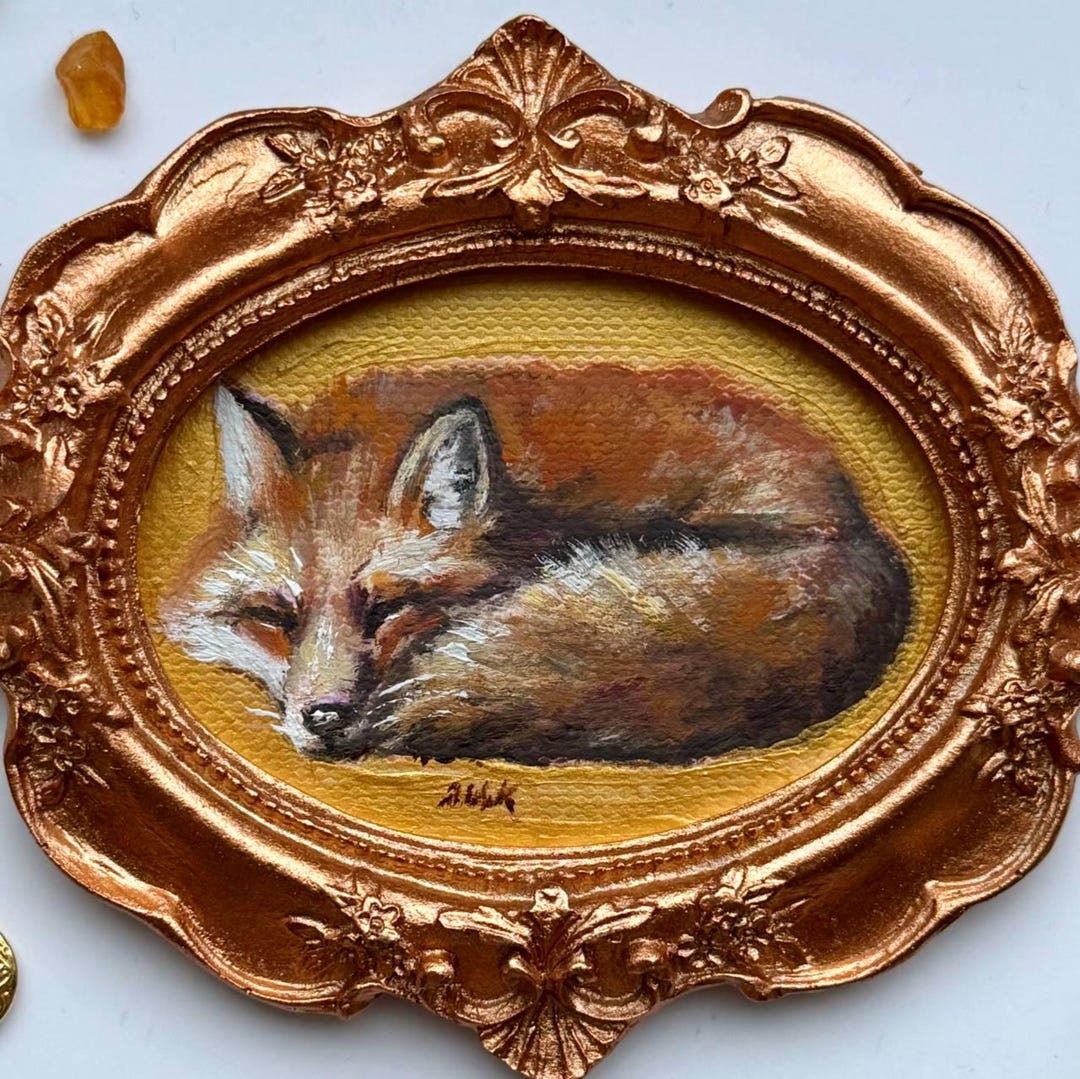 Red Fox Painting Gold Round Frame Realistic Fox Art Small Painting ...