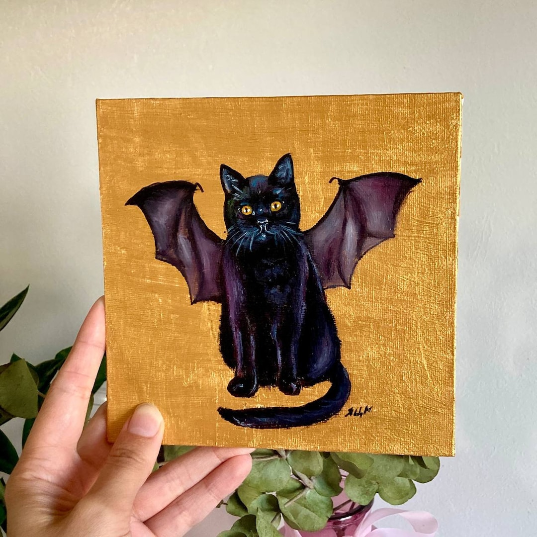Cat Bat Painting Original Small Animals Art Black Cat Oil Artwork Small ...
