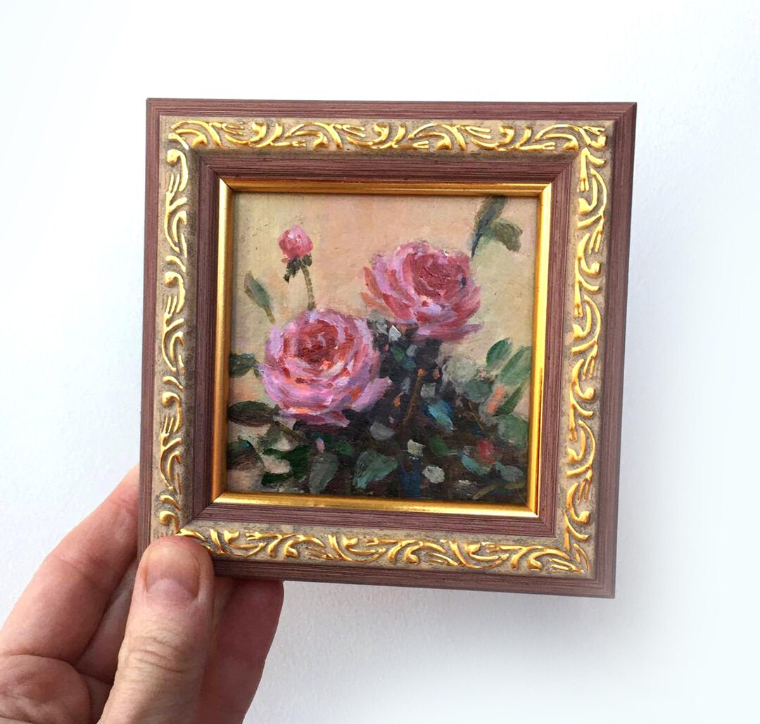 Framed Flower Painting Victorian Roses Gold Gift Small Original Oil ...