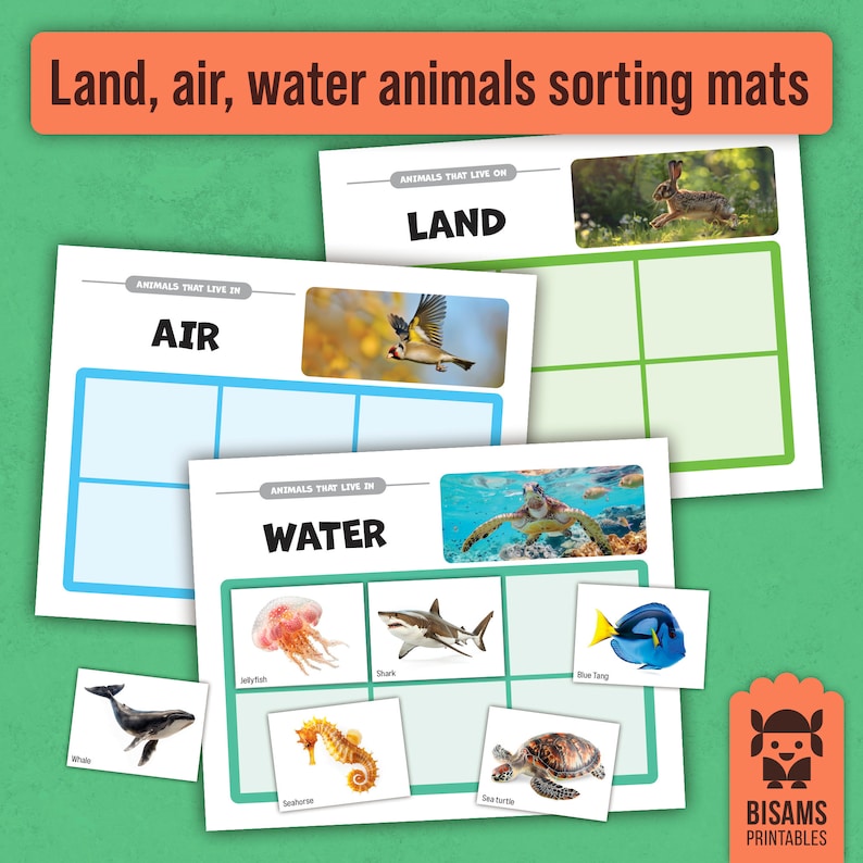 Air, Land, Water Animals Sorting Activity Mats and Cards With Real ...