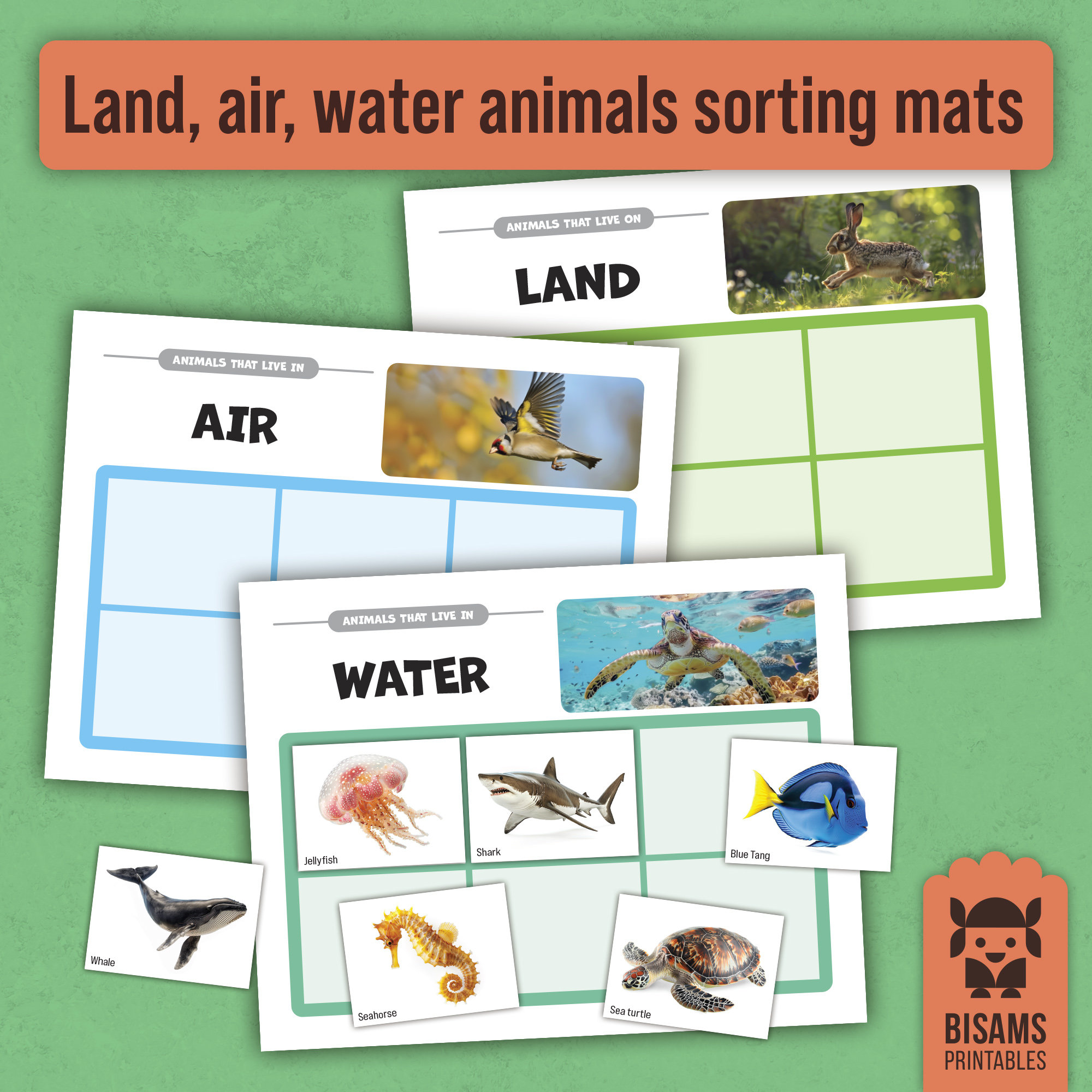 Air, Land, Water Animals Sorting Activity Mats and Cards With Real ...