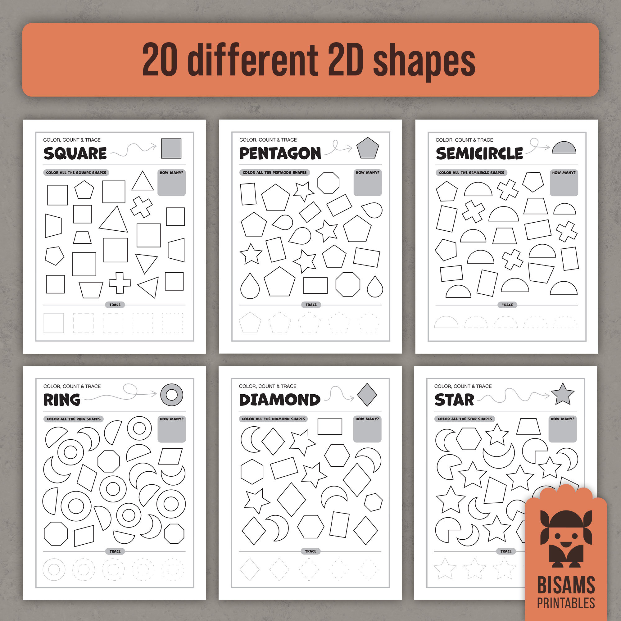 20 Printable 2D Shapes Math Worksheets, Color, Count and Trace ...
