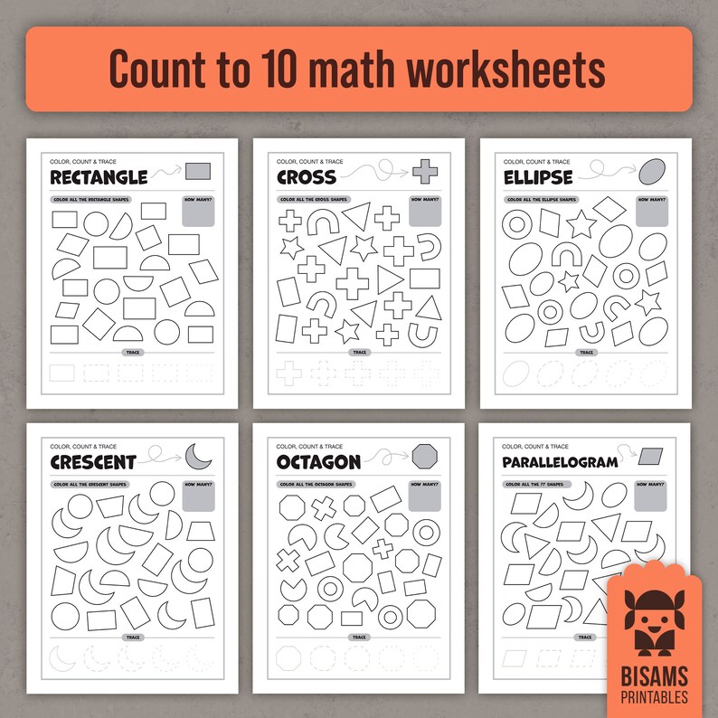 20 Printable 2D Shapes Math Worksheets, Color, Count and Trace ...