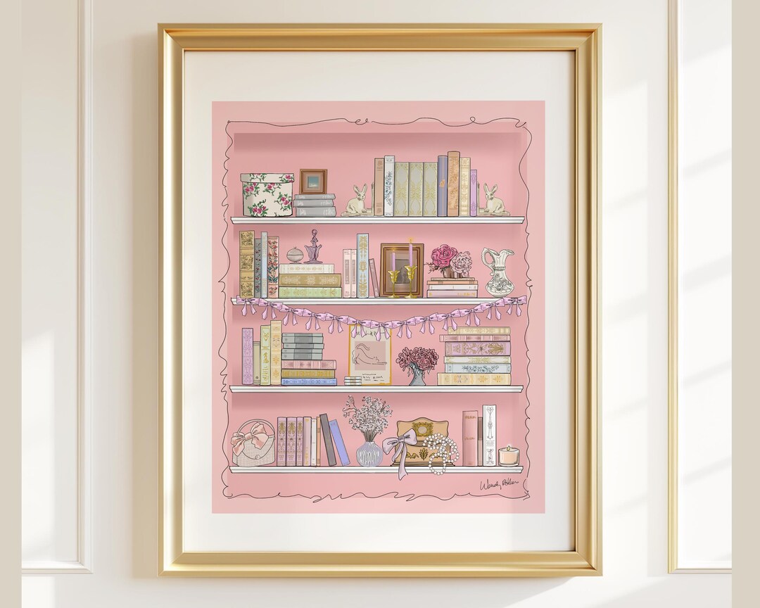 Coquette Bookshelf Illustration Print: Girly Book Lover Art - Etsy