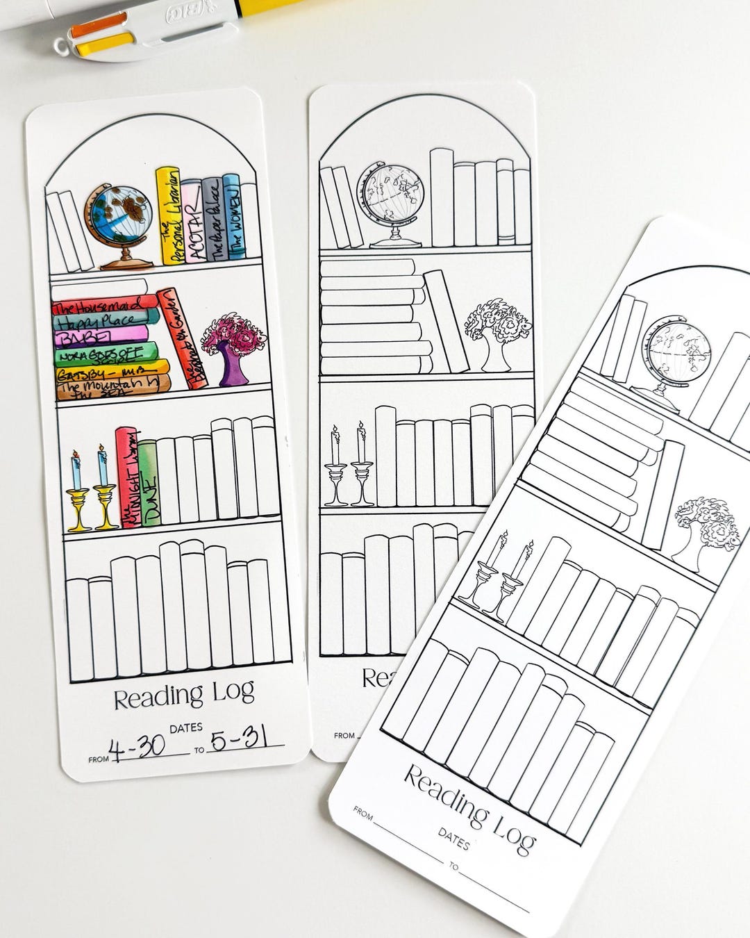 Handmade Illustrated Reading Log Bookmarks: Set of 6 Cardstock Trackers ...