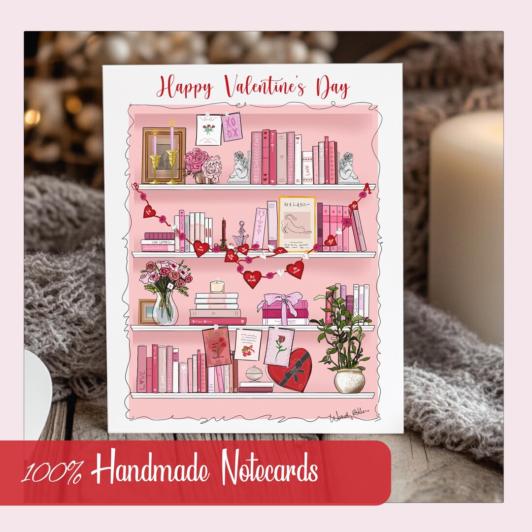 Valentine's Day Illustrated Bookshelf Notecards: Book Lover's Set of 8 - Etsy