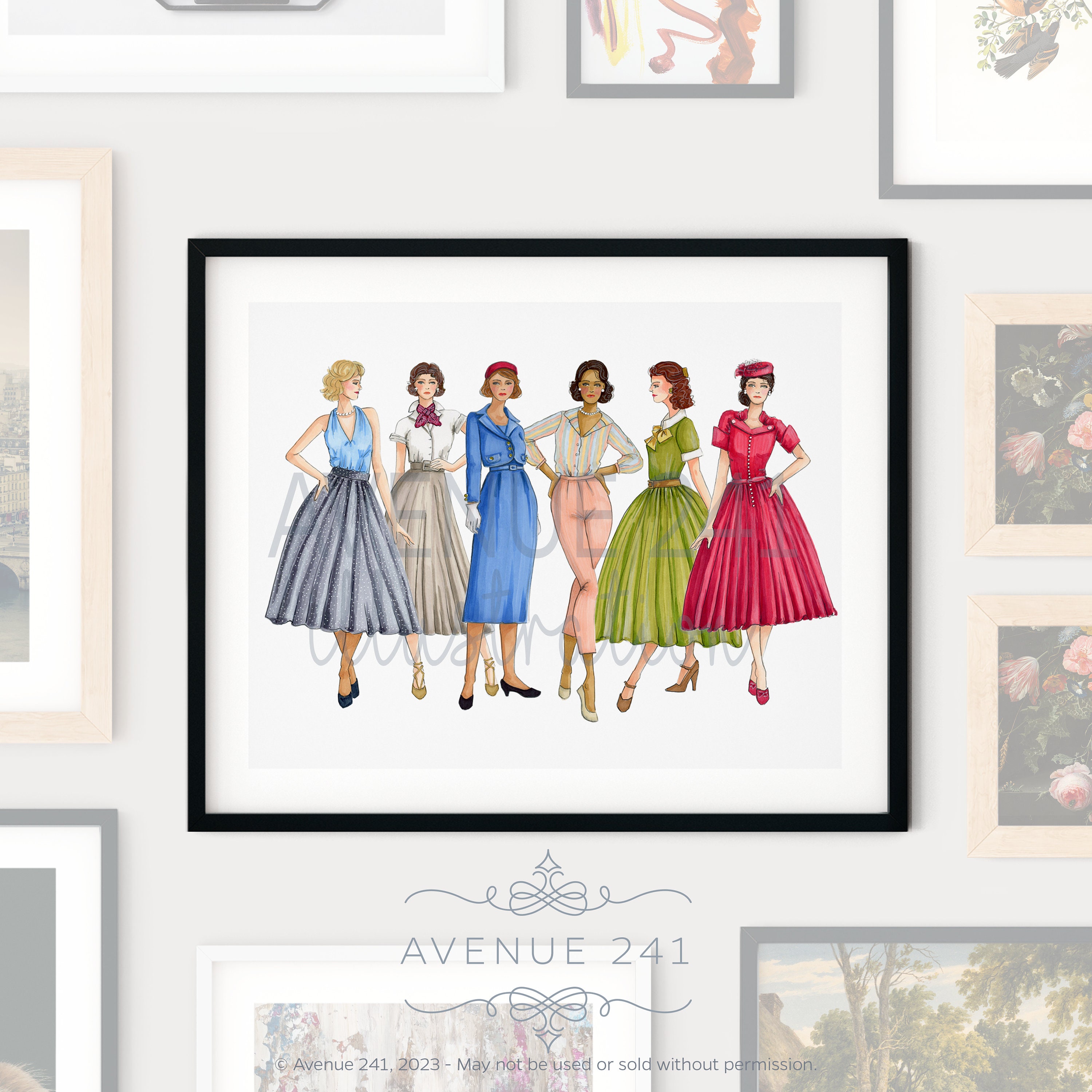 1950s Fashion Illustration Five Outfits Fit and Flare Dresses, Circle ...
