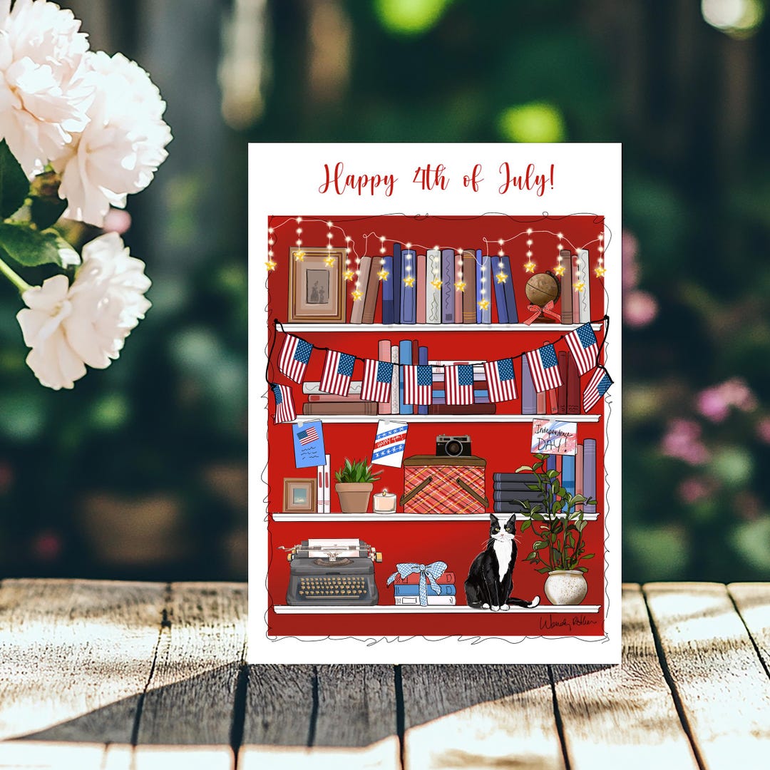 4th of July Bookshelf Card: Independence Day Illustration, Handmade ...