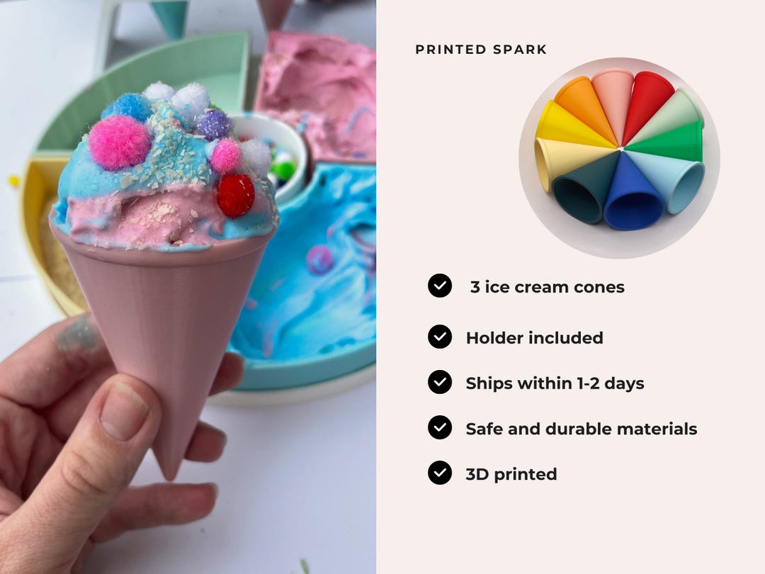 3D Printed Ice Cream Cone Display Set – Triple Holder – Faux Ice Cream ...