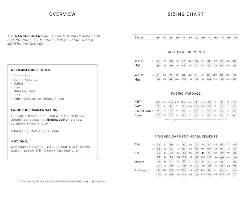 Ranger Jeans Sewing Pattern PDF | Men's Wide Leg Jeans (sizes 24-48) - Etsy