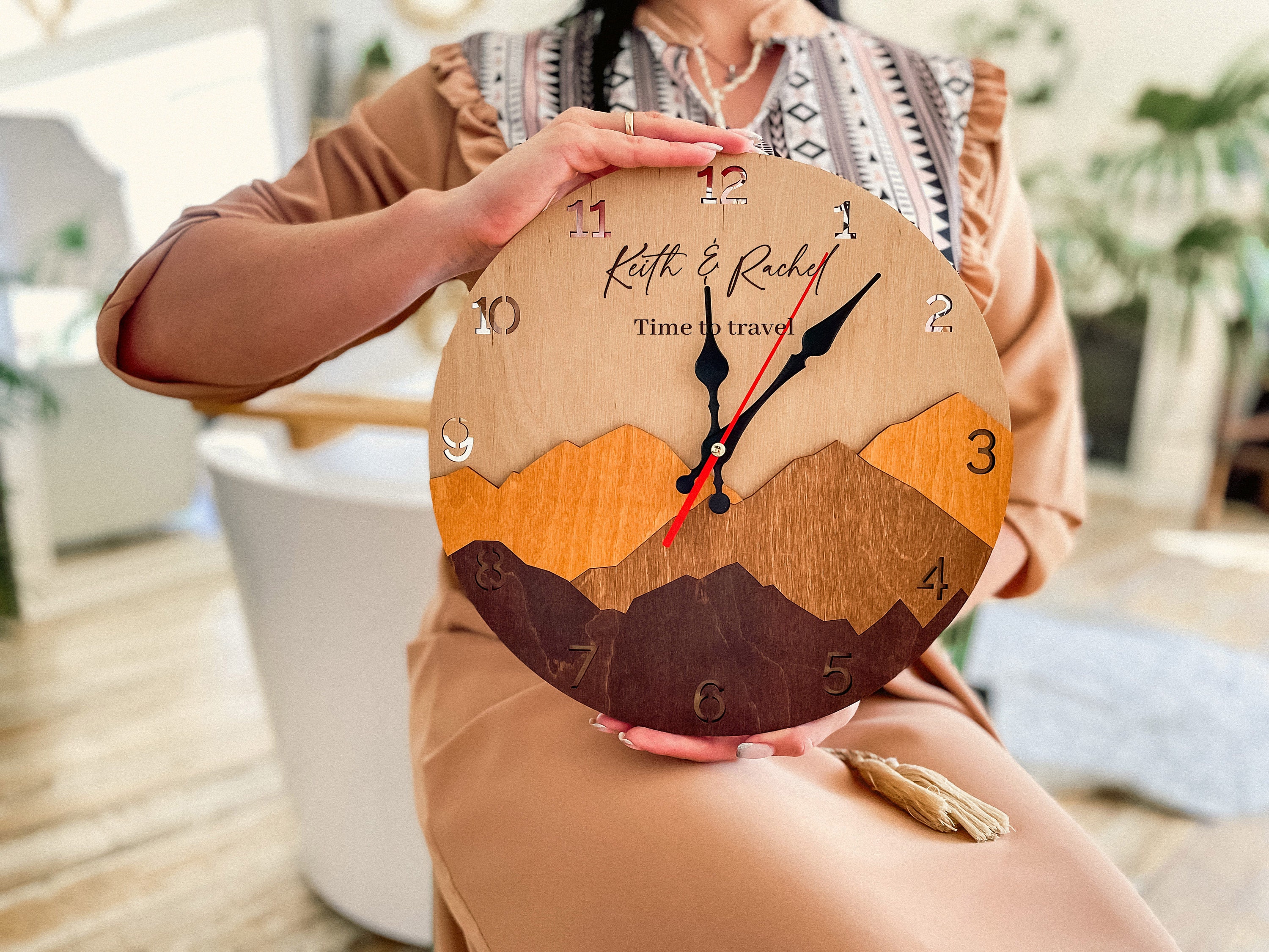 Mountain Wooden Wall Clock, Personalised Family Name Clock, Modern Home ...
