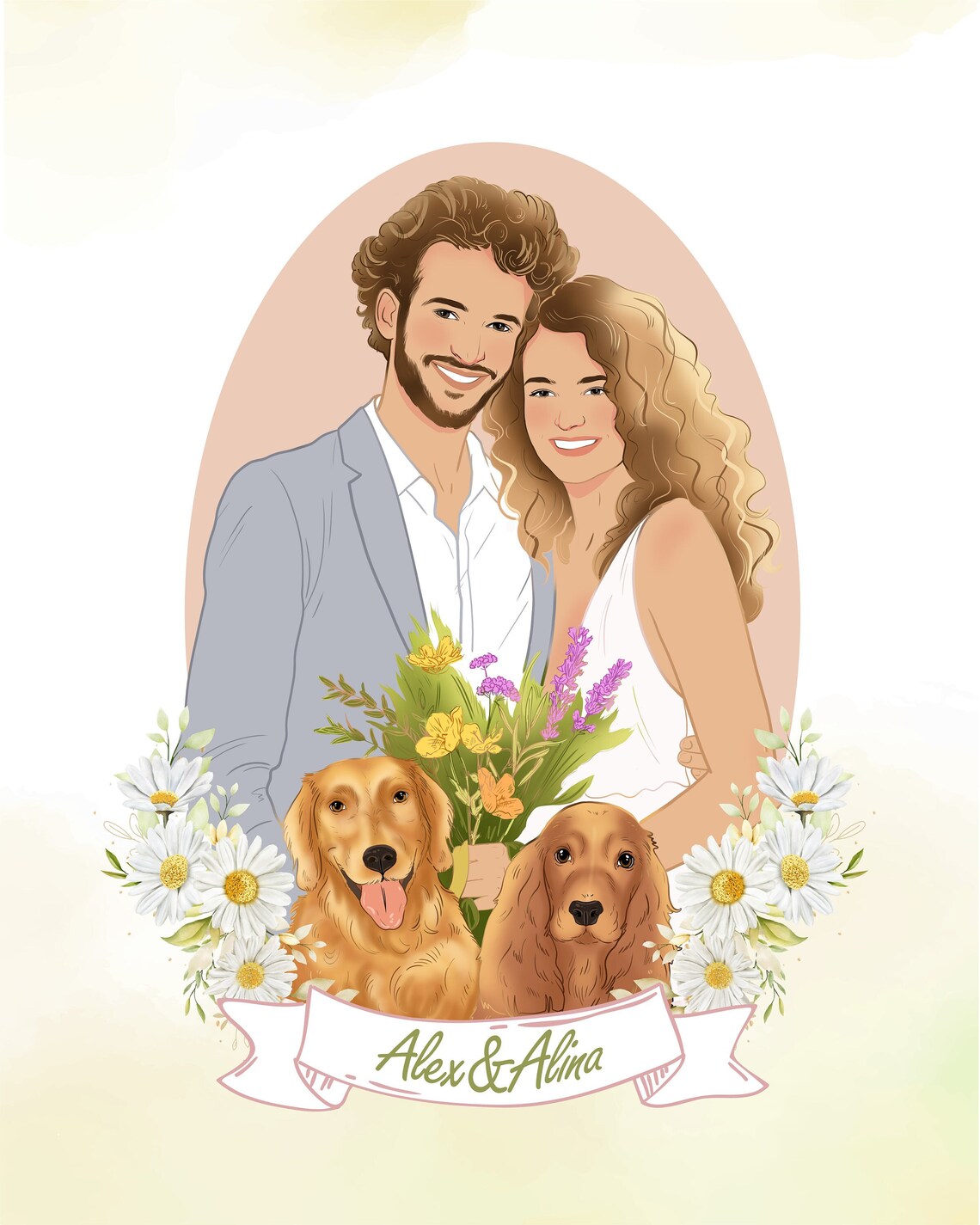 Custom Hand Drawn Wedding Cartoon With Dogs Watercolor Frame and White ...